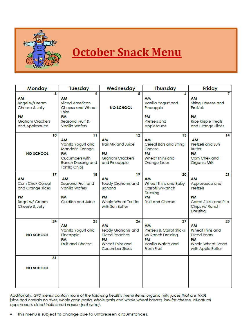 Menus | Golden Pond School | Preschool & Kindergarten