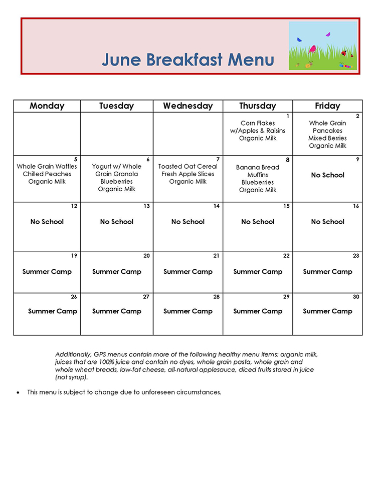 Menus | Golden Pond School | Preschool & Kindergarten